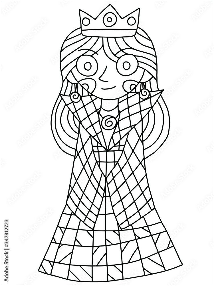 Smile queen coloring book page, Stylized cartoon royal female with ...