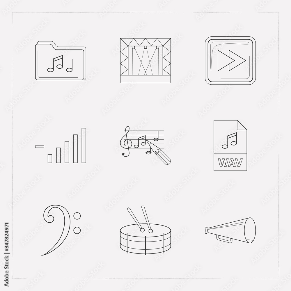 Set of audio icons line style symbols with bass clef, wav file, low ...