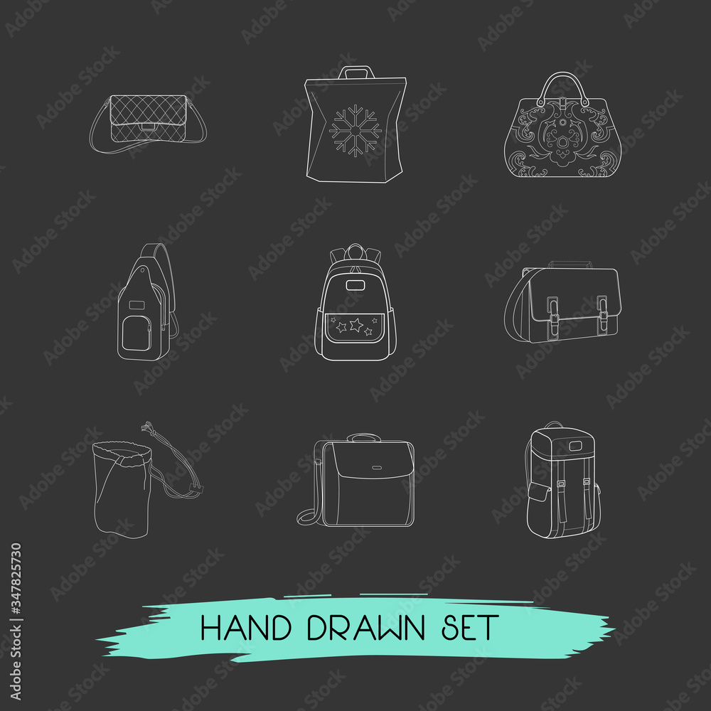 Set of bag types icons line style symbols with feed bag, backpack ...