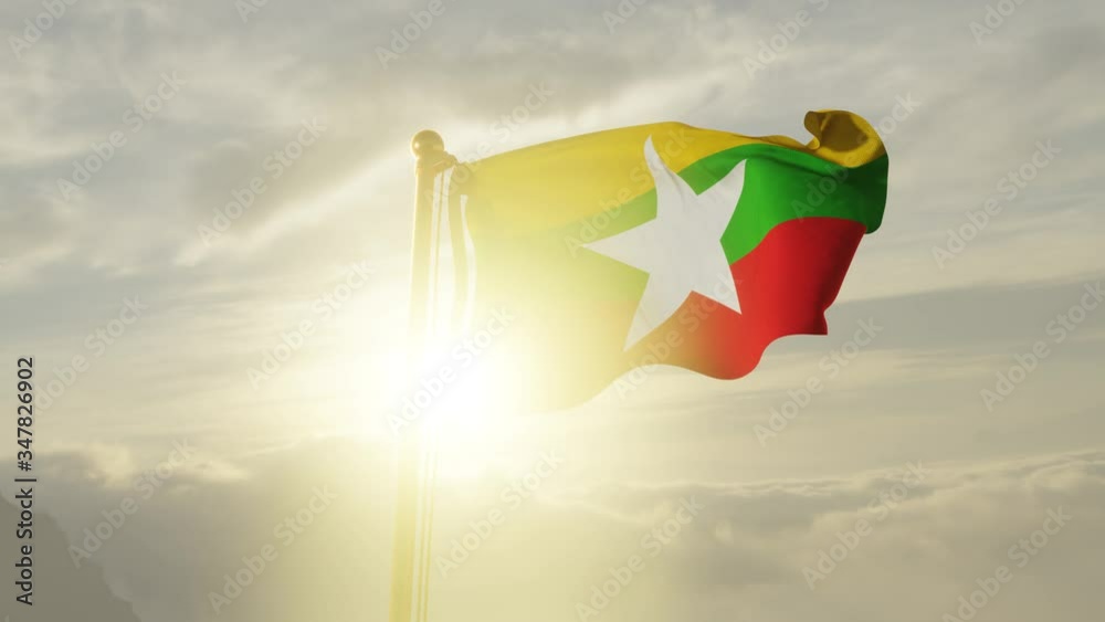 Flag of Myanmar Waving in the wind, Sky and Sun Background, Slow Motion ...