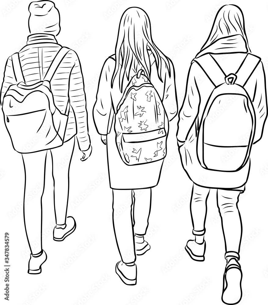 Outline drawing of students girls walking outdoors Stock Vector | Adobe ...