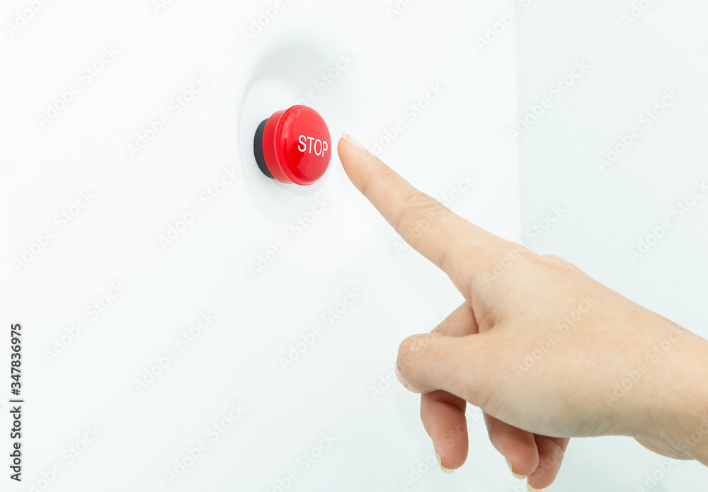 Finger man pushing big red stop alarm panic button with finger. Stock ...