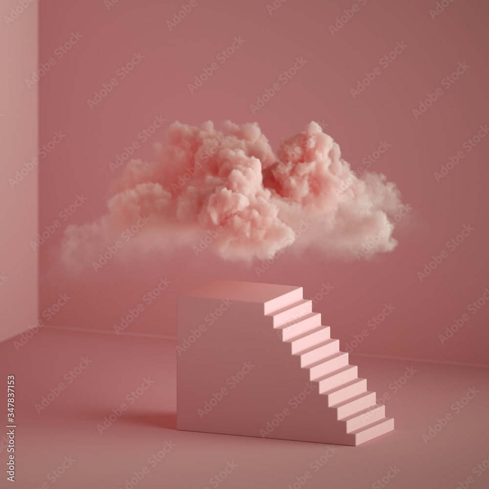 3d render, abstract pink fantasy background. Cloud floating above the ...