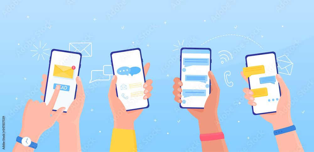 Notification message concept SMS bubble on the screen People chatting ...