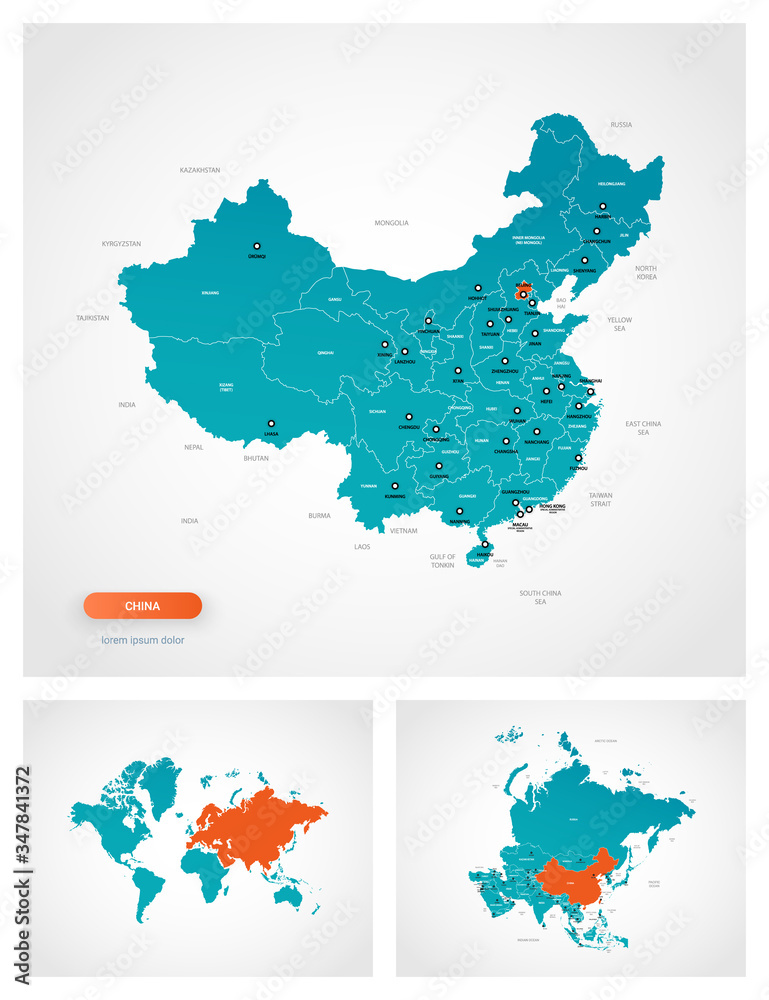 Editable template of map of China with marks. China on world map and on ...