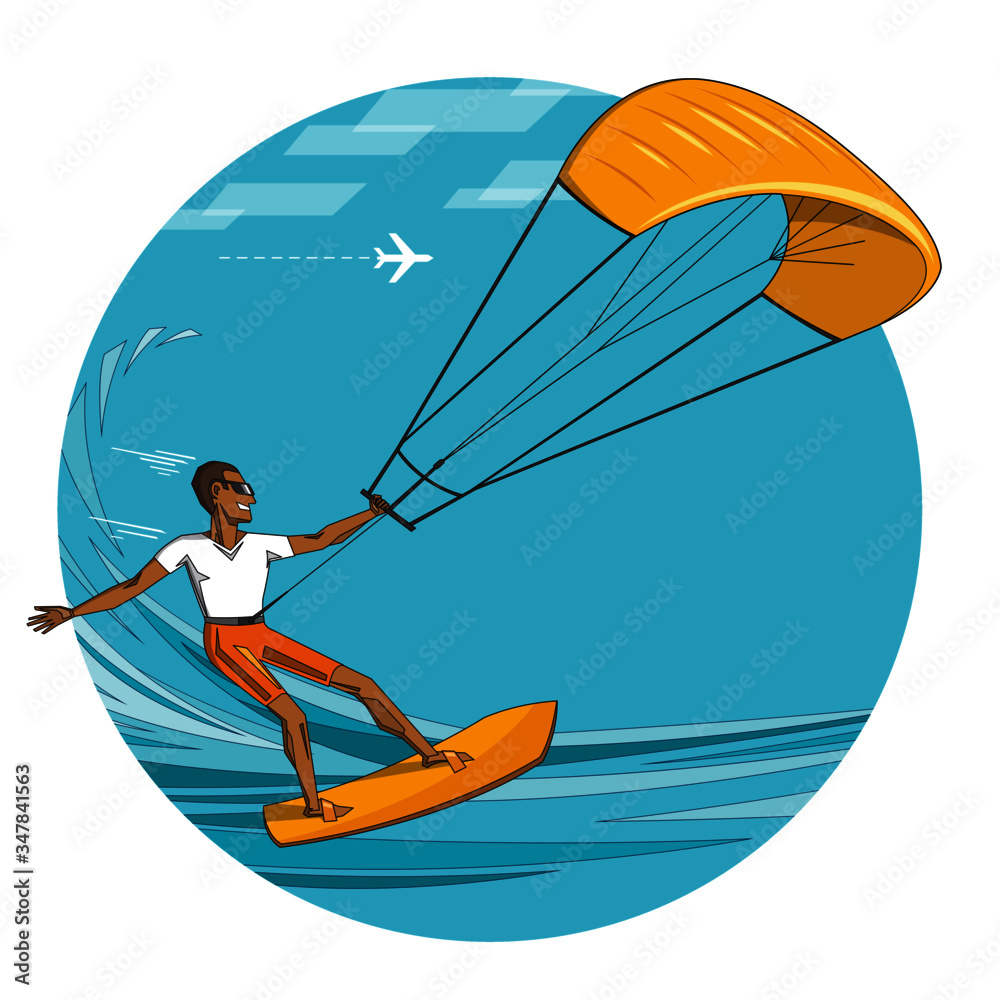 Kite surfer on summer ocean - man in sunglasses on orange waterboard ...