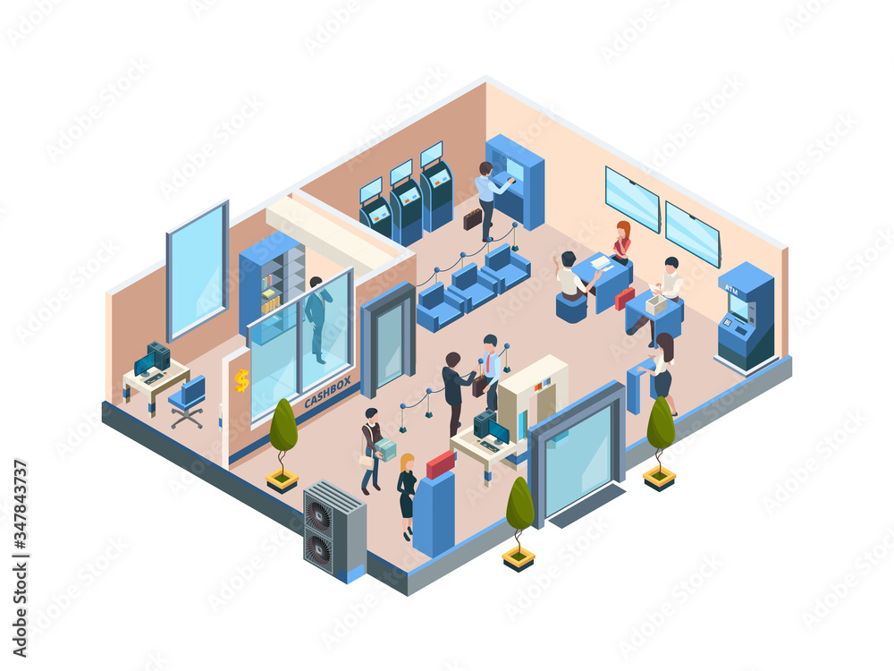 Vetor de Bank interior isometric. Business financial offices with ...