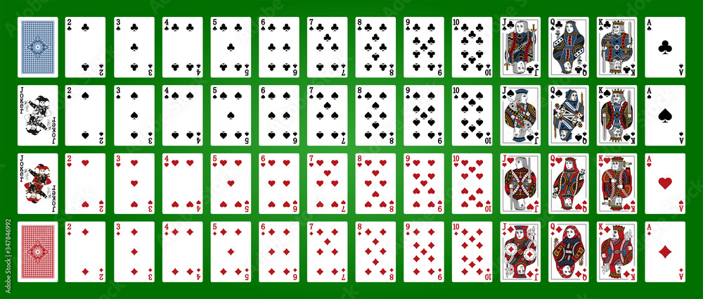 Poker set with isolated cards on green background. Poker playing cards ...