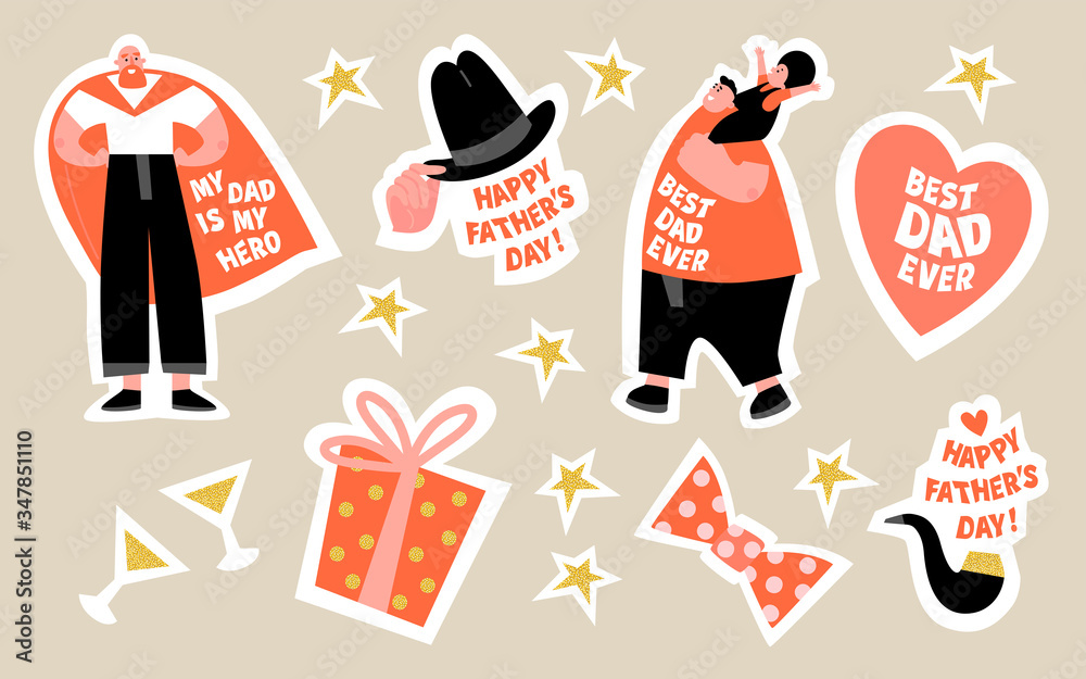 A set of stickers for Father's Day with funny cartoon characters of dad ...