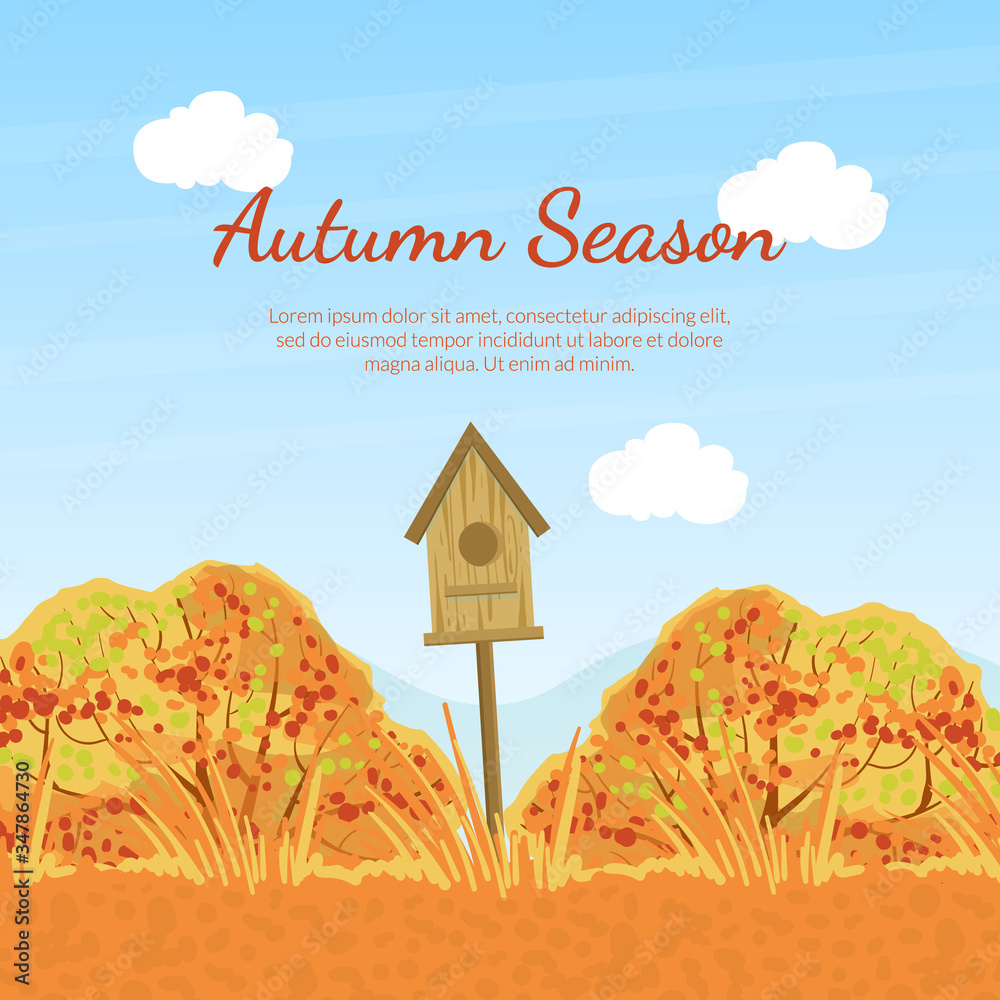 Autumn Season Banner Template with Fall Trees, Birdhouse and Space for ...
