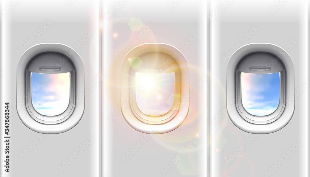 3d realistic vector airplane window with sun light and copy space for ...