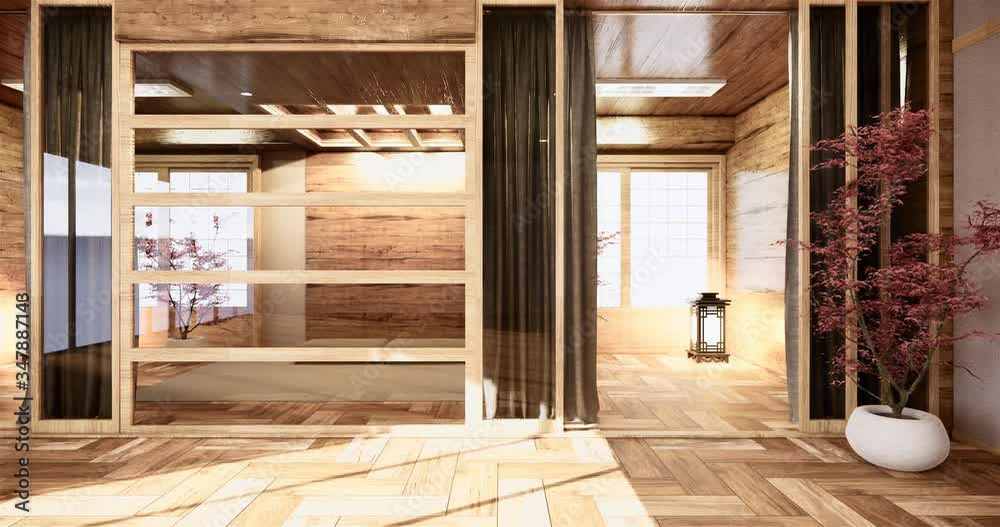 Wooden china Conference room interior with wood floor on white wall ...