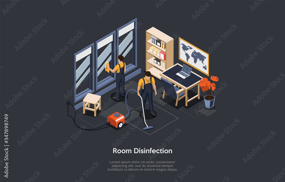 Isometric Concept Of Room Disinfection, Pest Poison Cleaning. People In ...