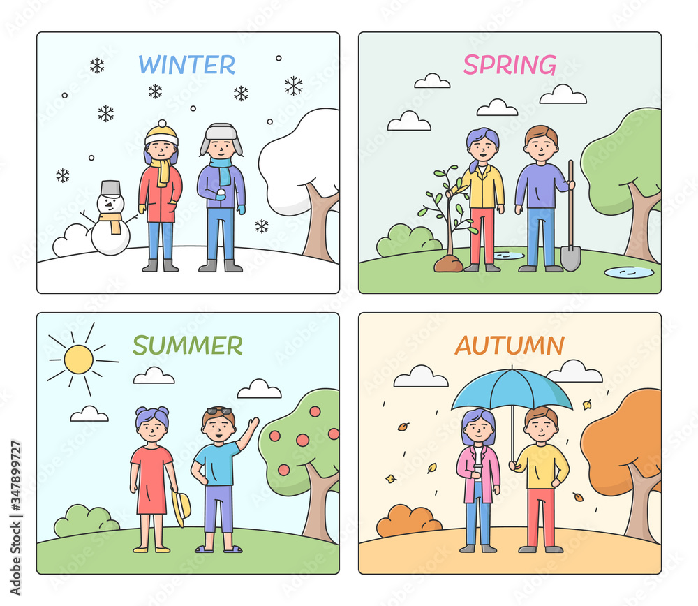 Concept Of Seasons. People Leisure And Clothes According To Time Of The ...