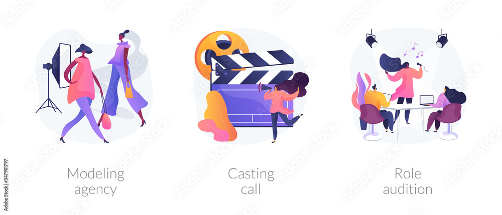 Fashion and movie industry abstract concept vector illustration set ...