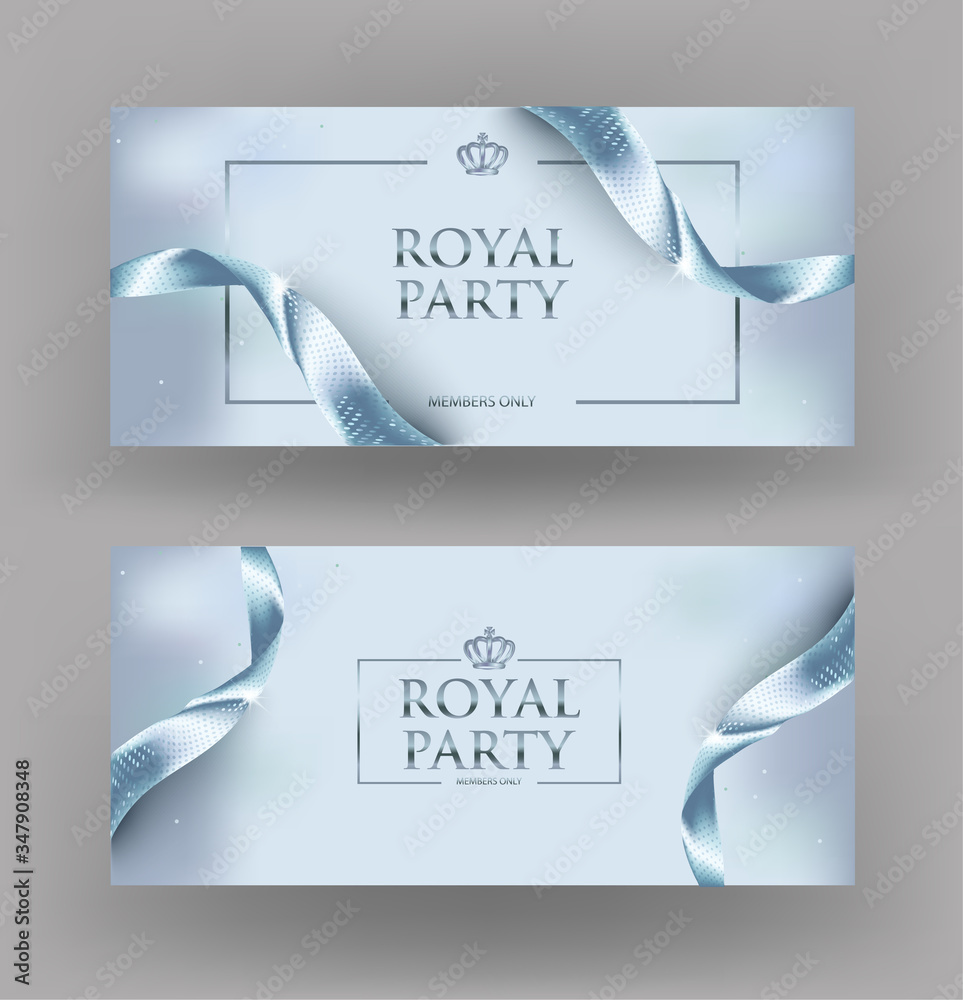 Elegant blue invitation card with sparkling ribbons and crown. Vector ...