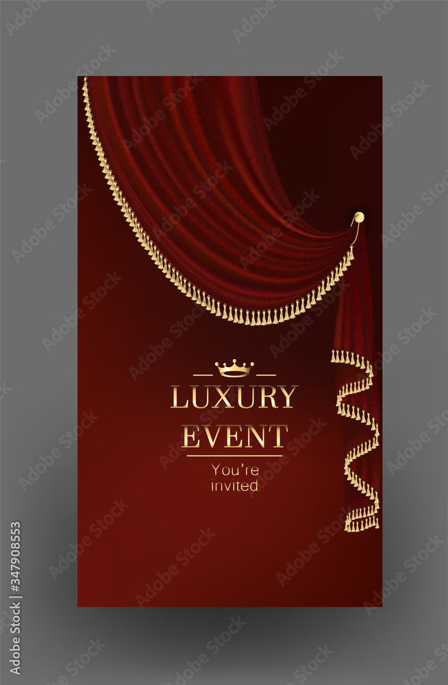 Elegant invitation card with red beautiful curtain with gold fringe ...