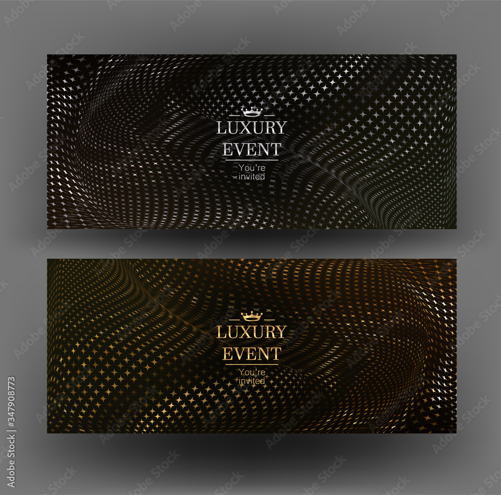 Gold and silver elegand invitations with wavy diamond pattern. Vector ...