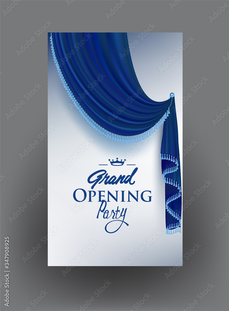 Grand opening Party banner with blue elegant curtain with fringe ...