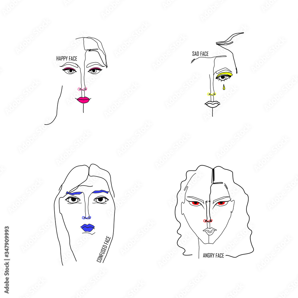 Abstract line illustration of woman head face. Concept of bipolar mood ...