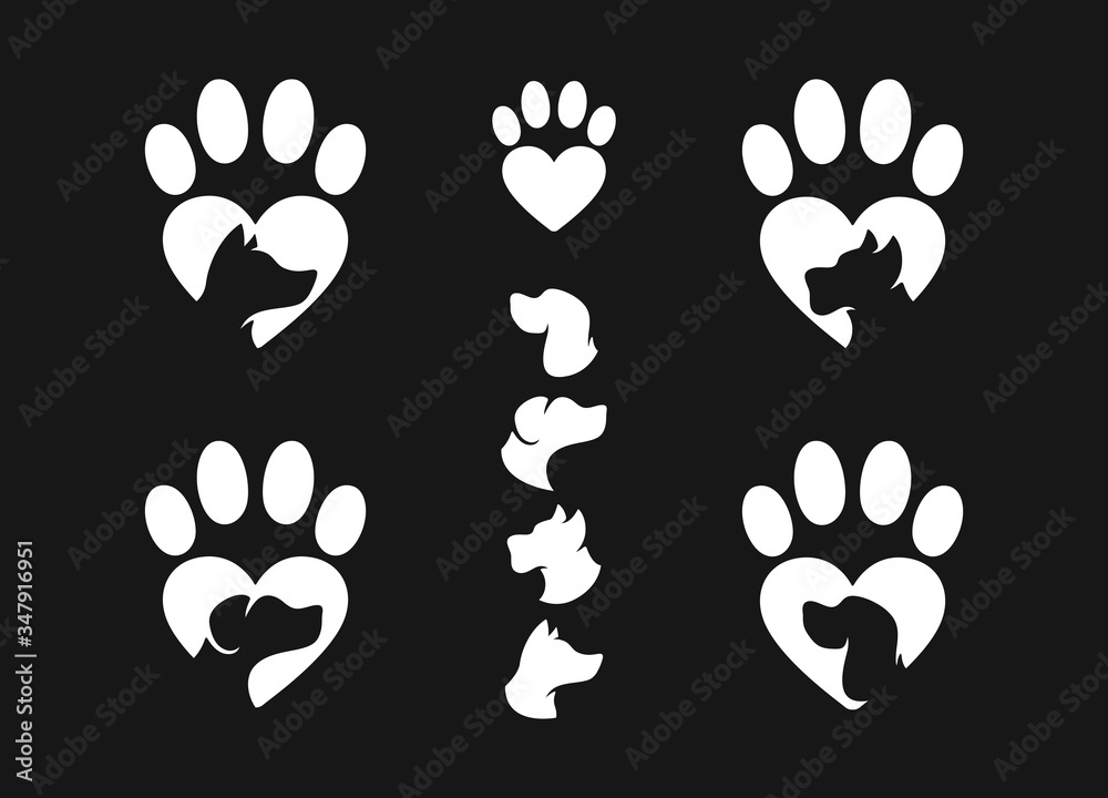 Dog paw shaped hearts emblems with dog faces. Vector illustration ...