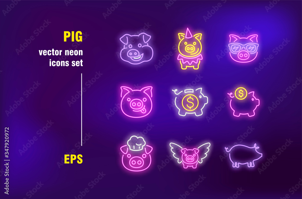 Pig neon signs set. Piggy bank, festive piggy, meat, steak house menu ...