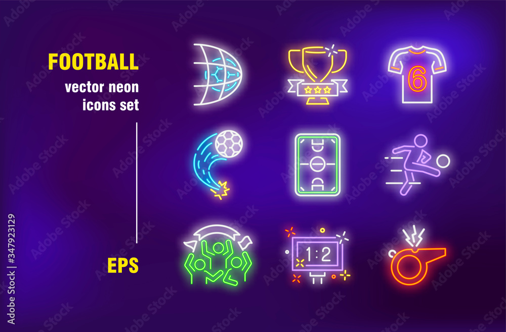 Football neon signs set. Soccer match, championship, winner cup, ball ...