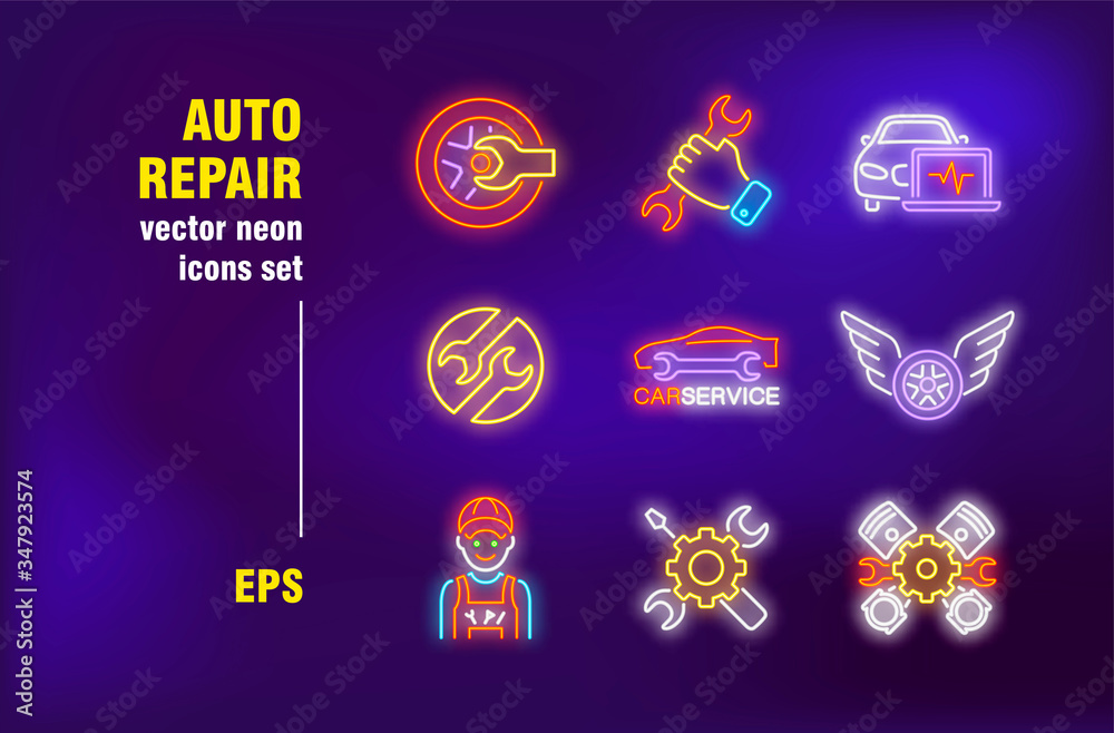 Car repair neon signs set. Garage, transport service, mechanic ...