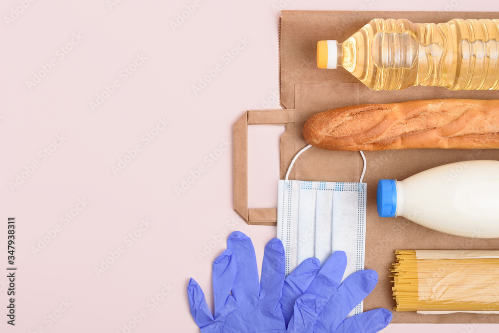 Essential food set. Craft package, midical mask and gloves, bottles of ...
