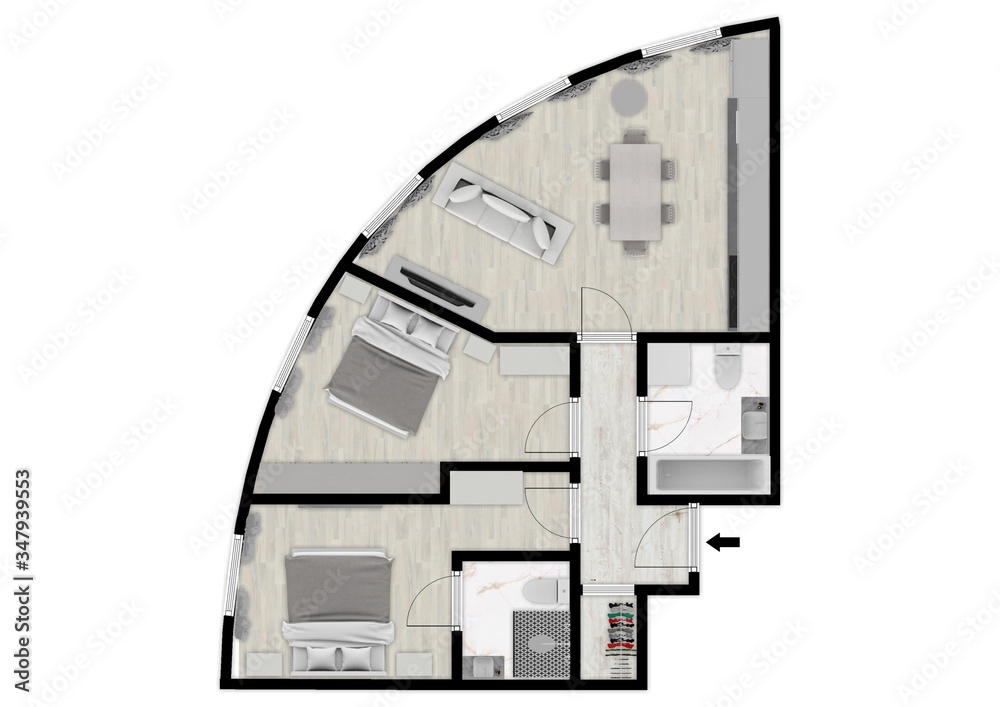 3d floor plan. Color floor plan. Floor plan top view from above ...