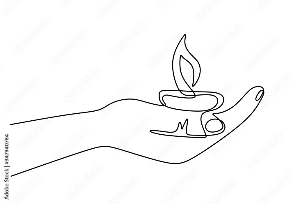 Candle in hand one line illustration. Human hands holding a memory ...