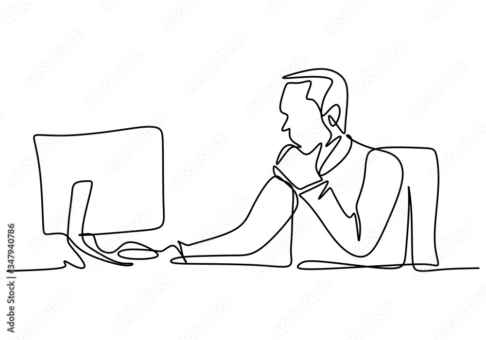 Continuous line drawing of office worker concentrated behind computer ...