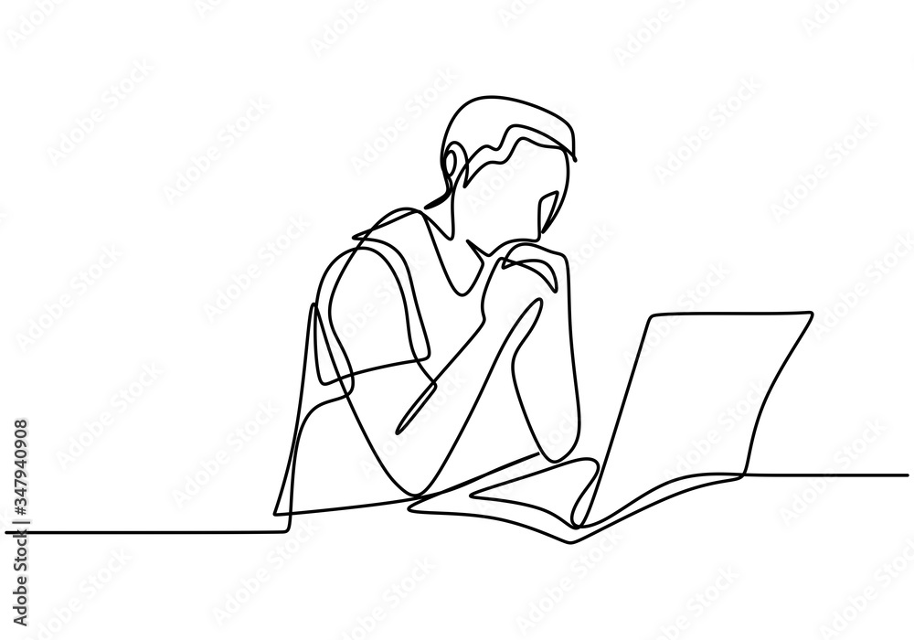 One line drawing of man working with laptop computer behind desk. Young ...