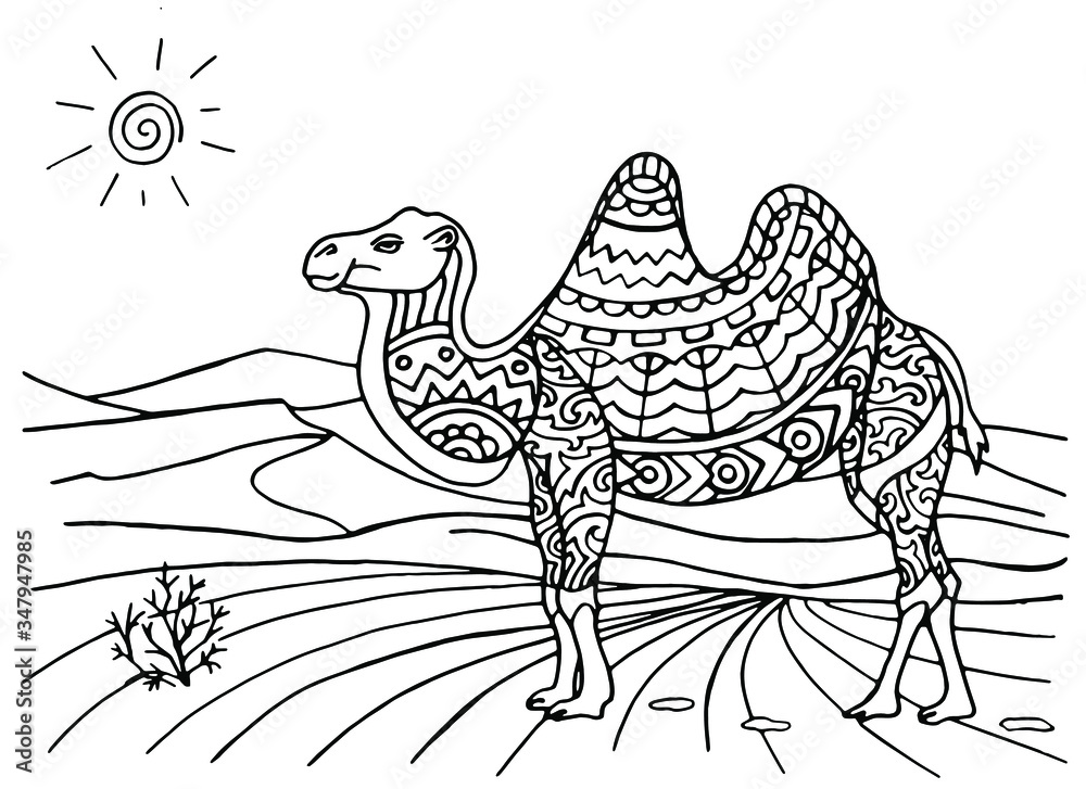 Coloring book camel in the desert. Hand-drawn coloring book for ...