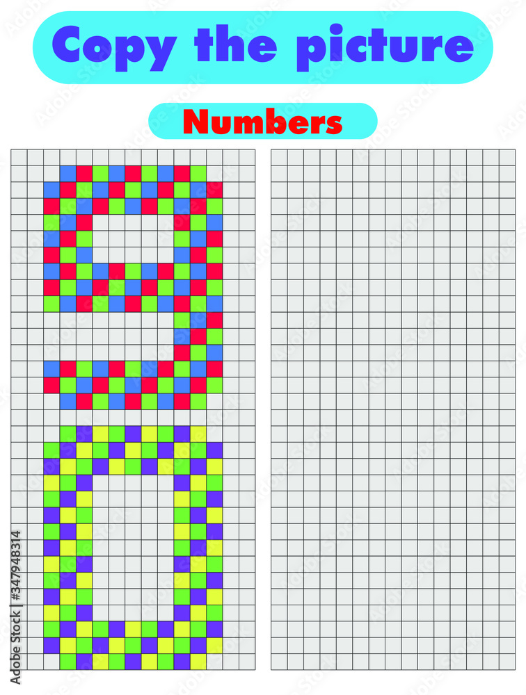 Copy the picture. Draw the numbers using the grid. Color by example ...