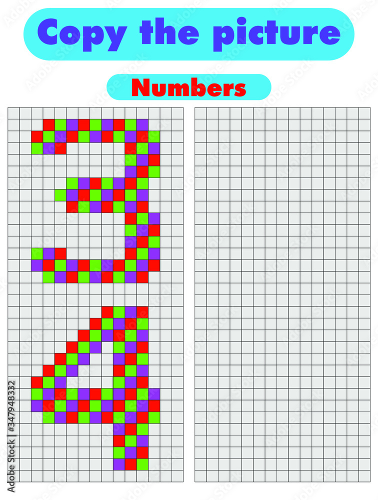 Copy the picture. Draw the numbers using the grid. Color by example ...
