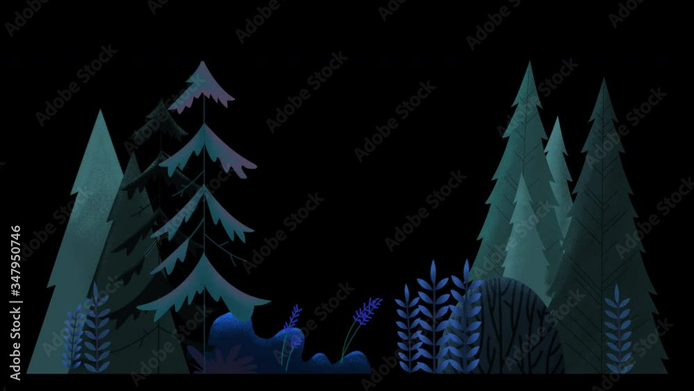 Seamless loop. Group of evergreen trees, grass and bushes swinging in ...