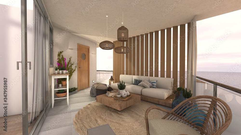 TERRAZA DE CASA MODERNA CON VISTAS . PROYECTO RENDER 3D Stock ...