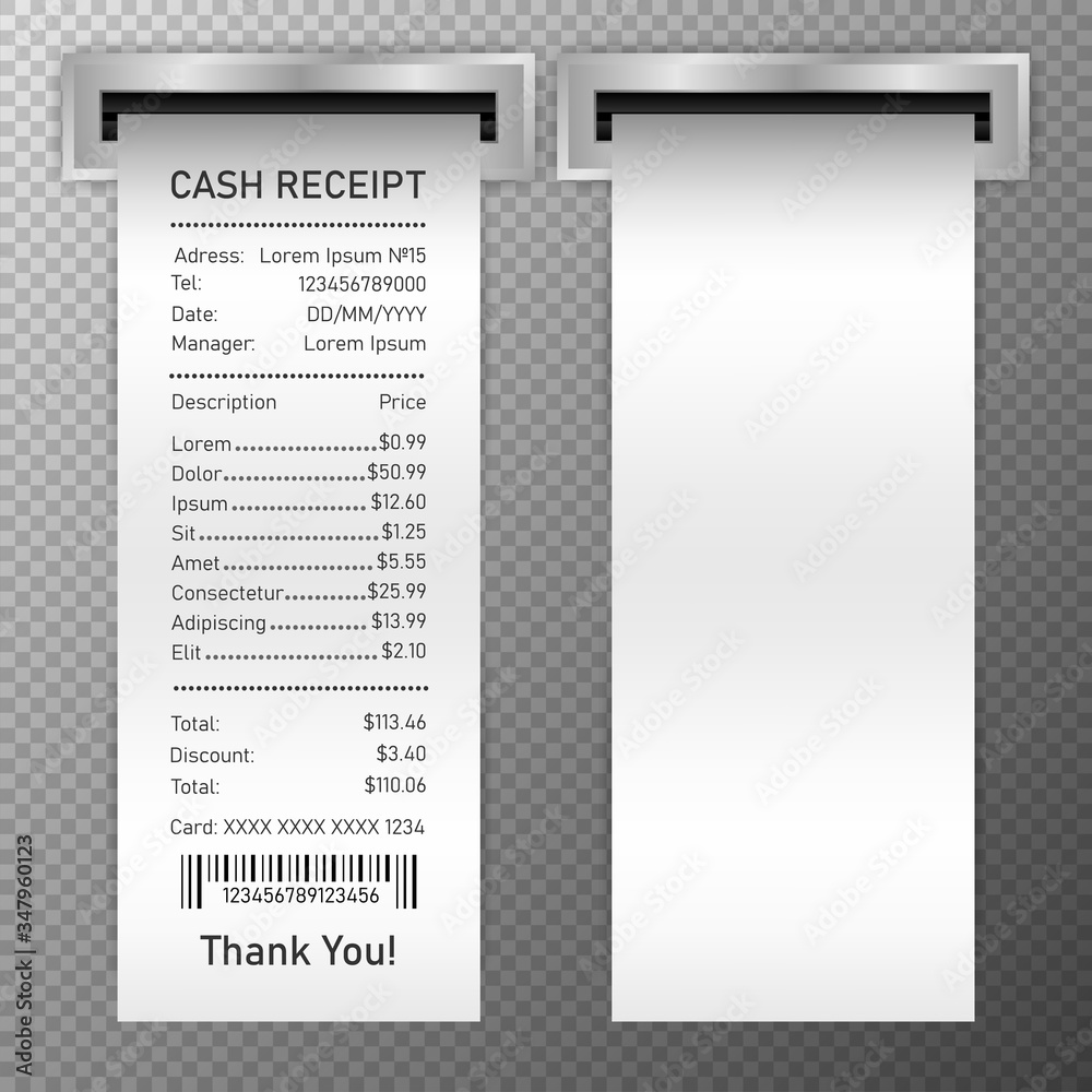 Receipts of realistic payment paper bills for cash or credit card ...