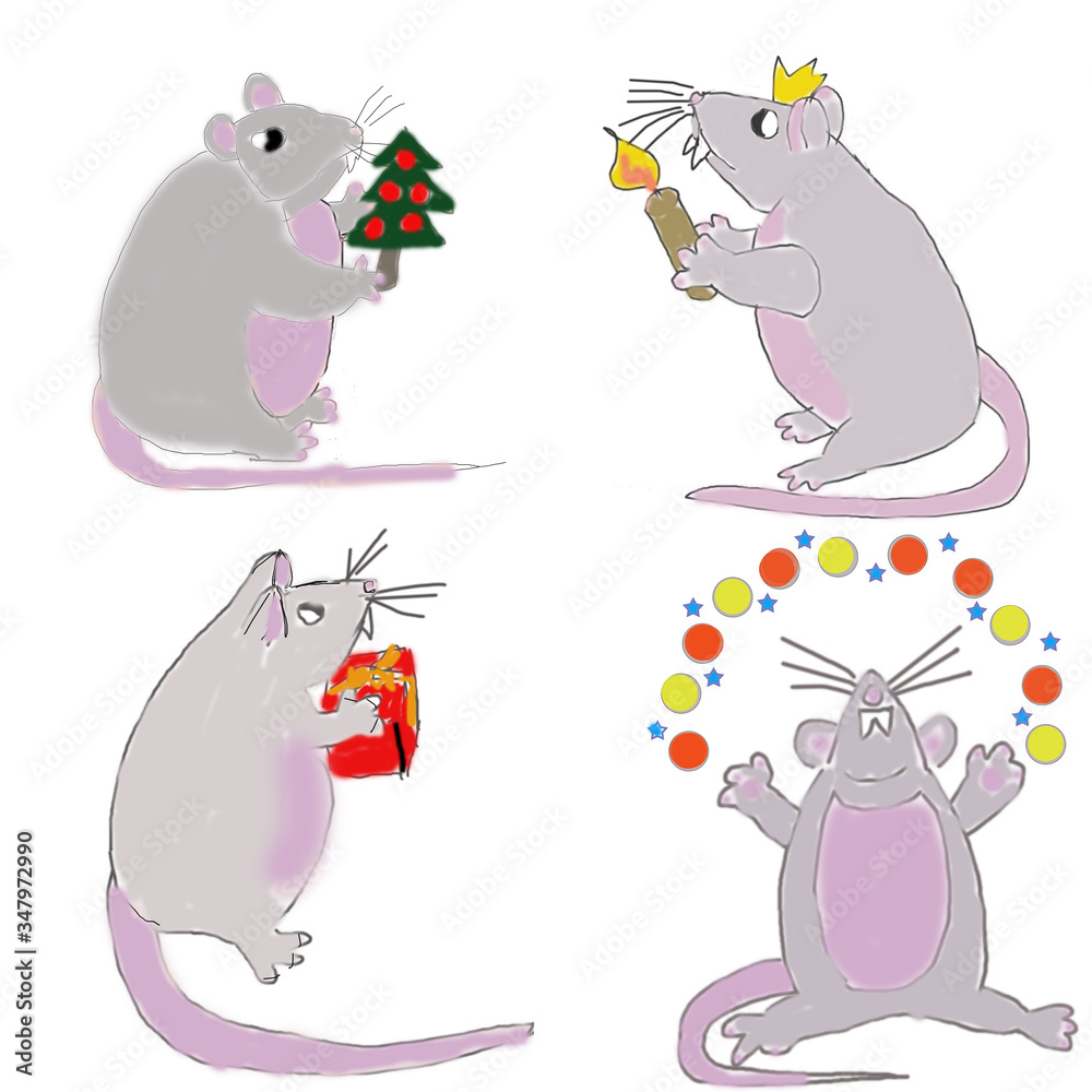 primitive drawing for the rats new year 2020, rat with a Christmas tree ...