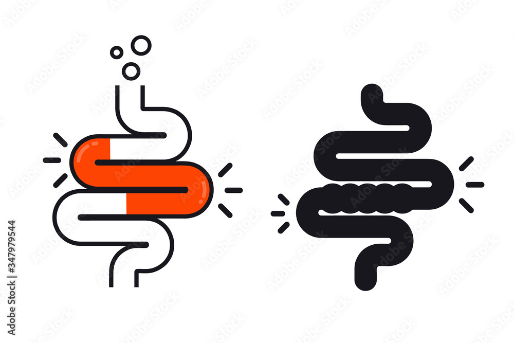 Colitis. Gut constipation icon. Abdominal, bloating vector. Stomach ...