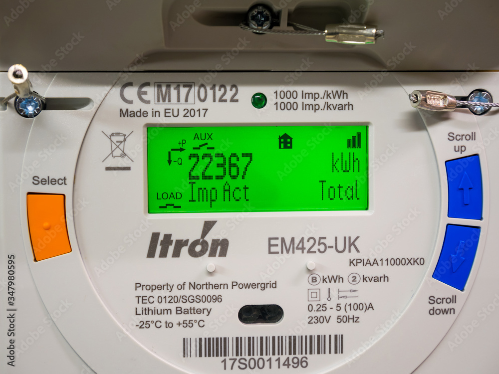 London UK, May 11th 2020: A close-up of a smart meter LCD display ...