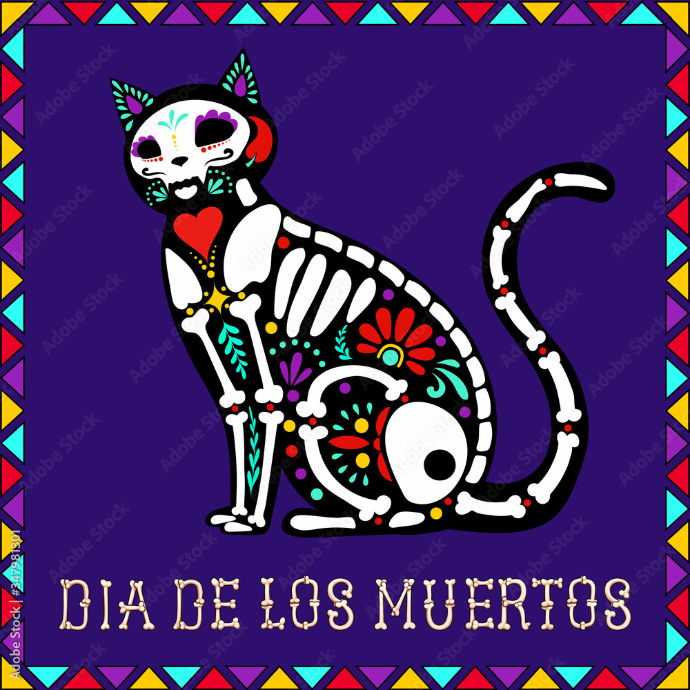 Calavera cat on a purple background with a frame and the inscription ...