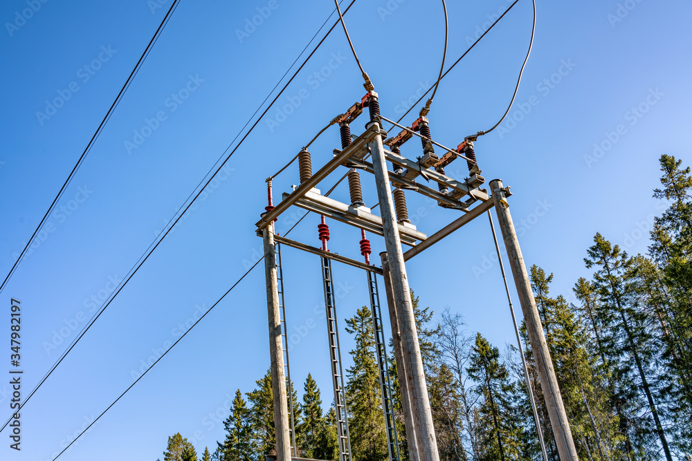 Wooden utility four poles pylon construction for electrical 3 phase ...