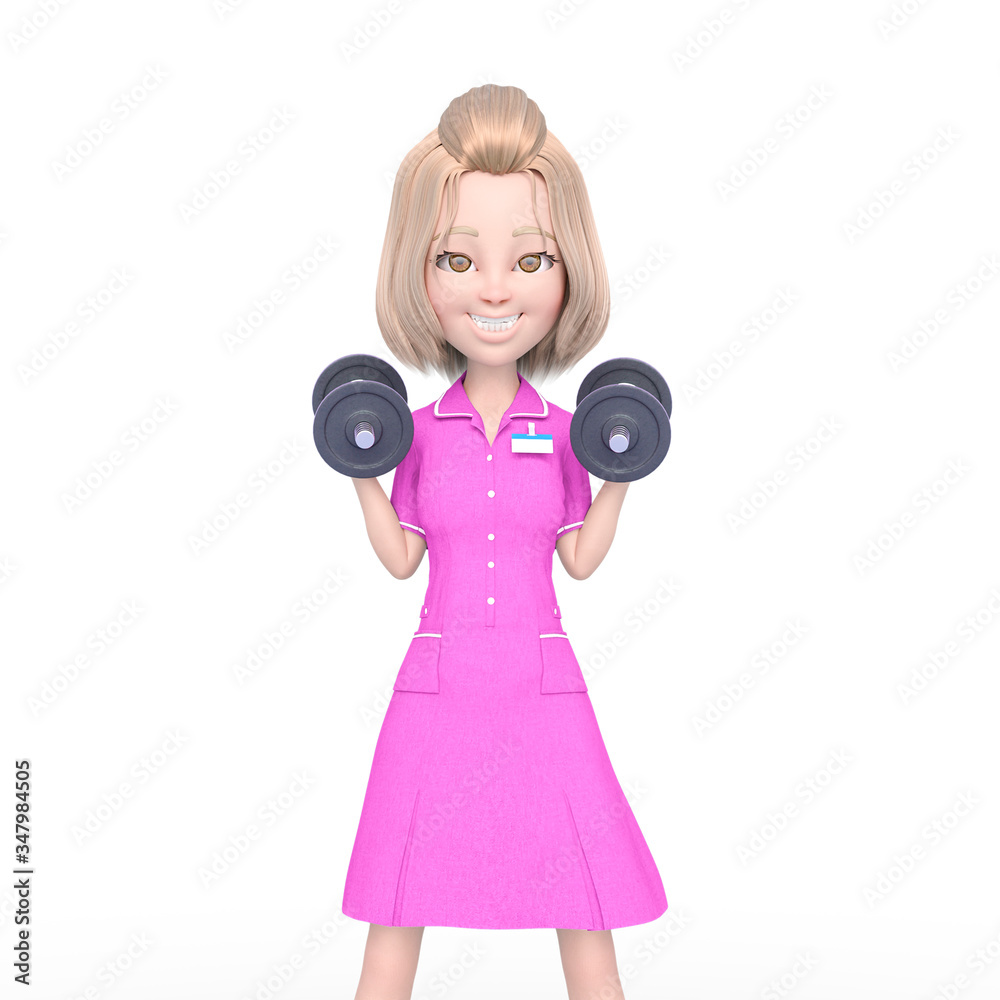 blond nurse cartoon is doing some workout exercise with the dumbbells ...