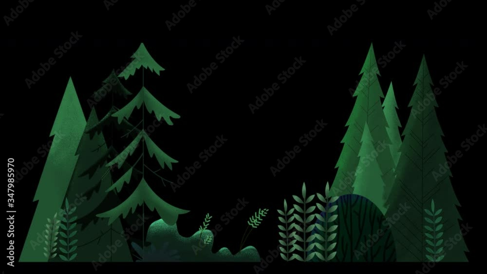 Vidéo Stock Seamless loop. Group of evergreen trees, grass and bushes ...