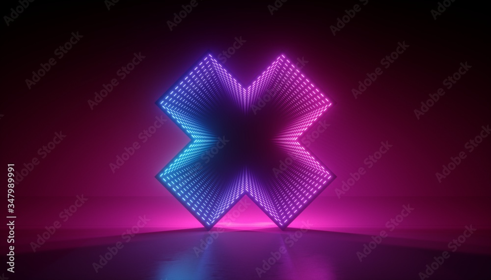 3d render, abstract neon background, glowing pink blue led light, cross ...