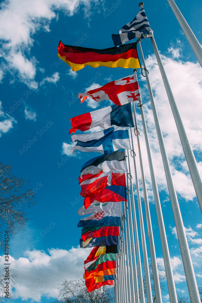 flags of European countries developing on flagpoles near the building ...