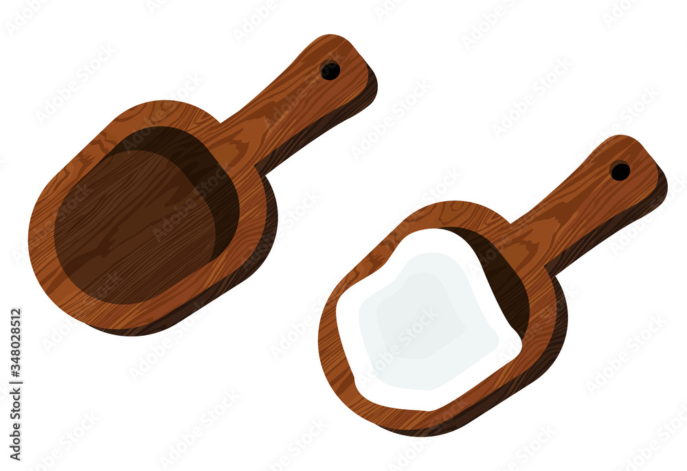 Wooden spoon with food - sketch wheat flour, rice, sea salt, spice ...