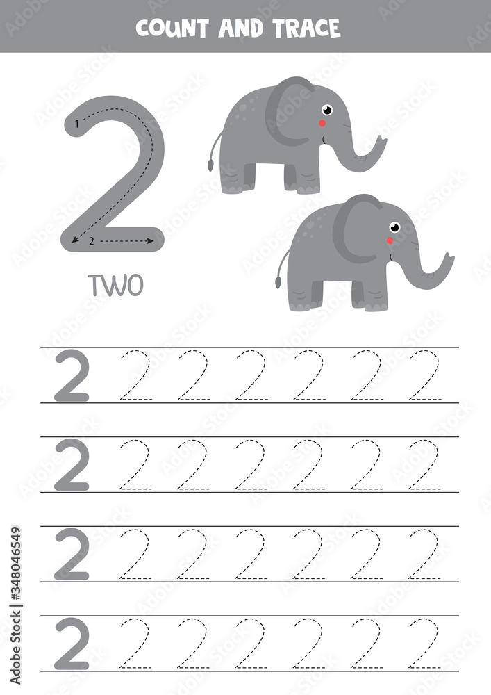 Worksheet for learning numbers with cute elephants. Number 2. Stock ...